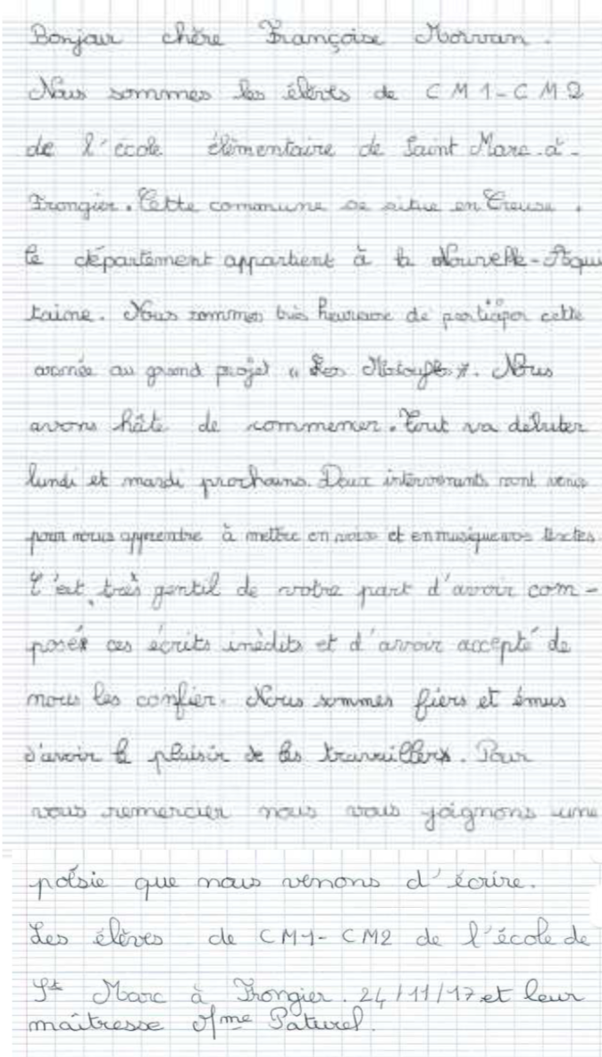 Lettre des enfants de Saint Marc à Frongier | Françoise Morvan